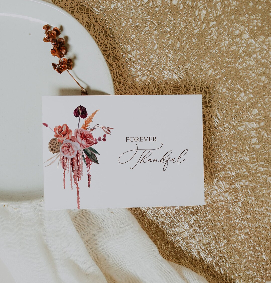 Autumn Fall Wedding Thank You Card Template, Rustic Boho Thank You ...