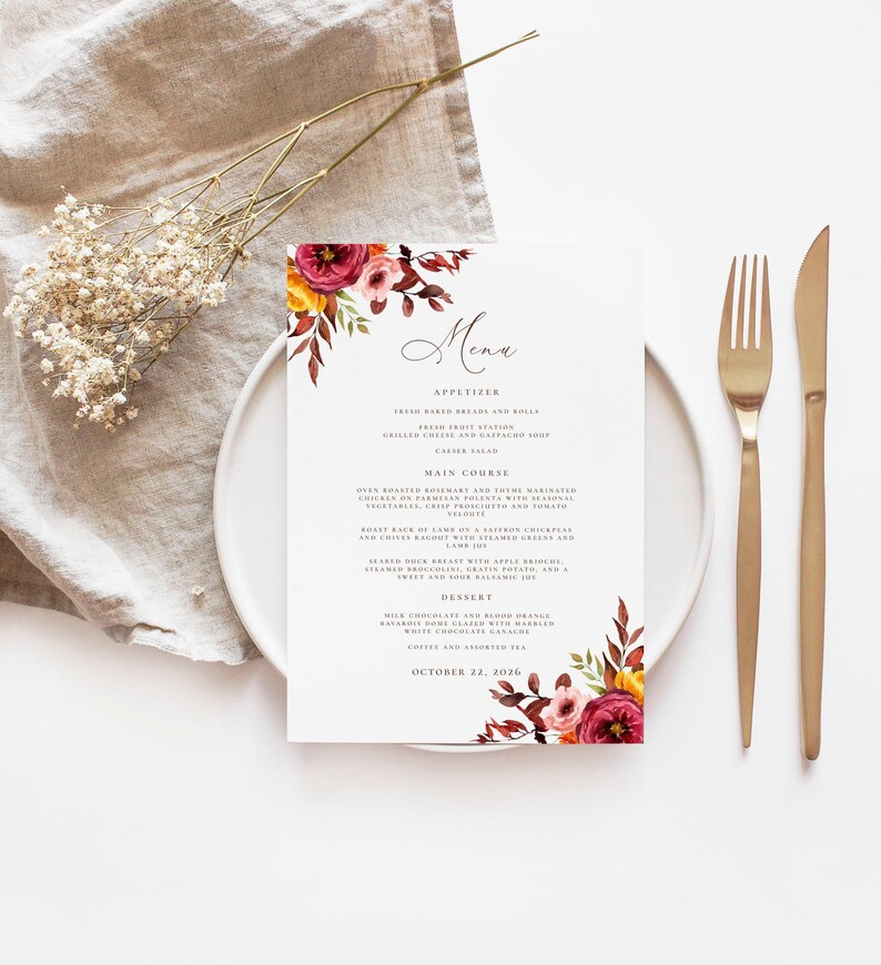 Fall Wedding Menu Cards Template Rustic Floral Bridal Shower - Etsy