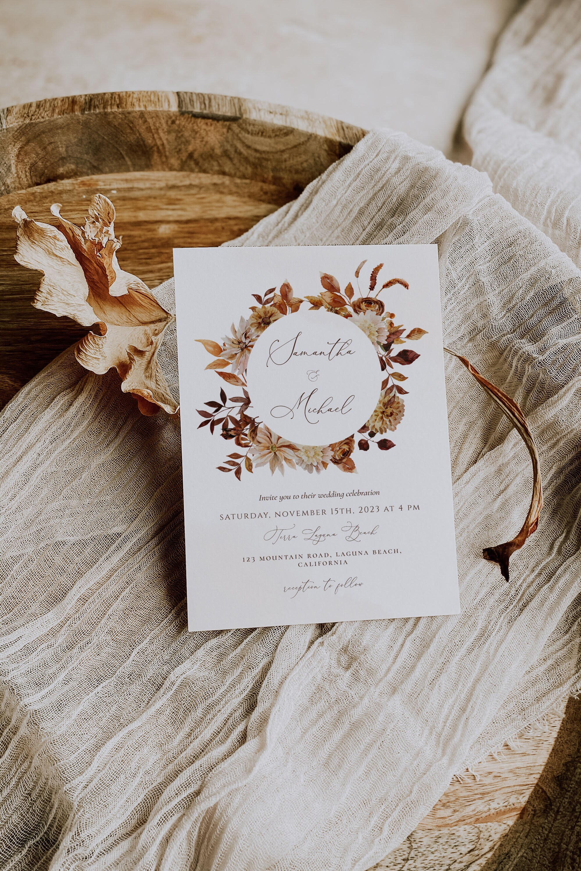 Rustic Fall Wedding Invitation Template Autumn Leaves and - Etsy