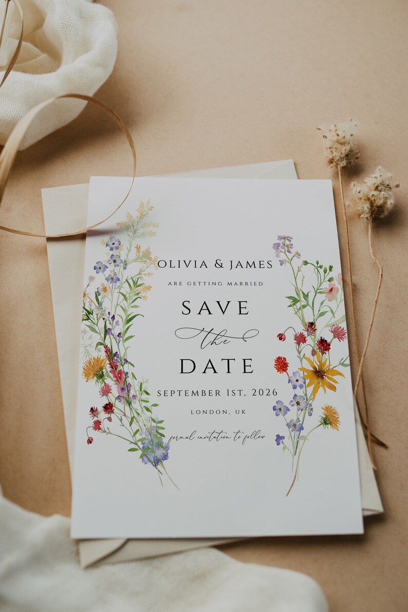 Wildflower Save the Date Template, Elegant Floral Wedding Invite ...