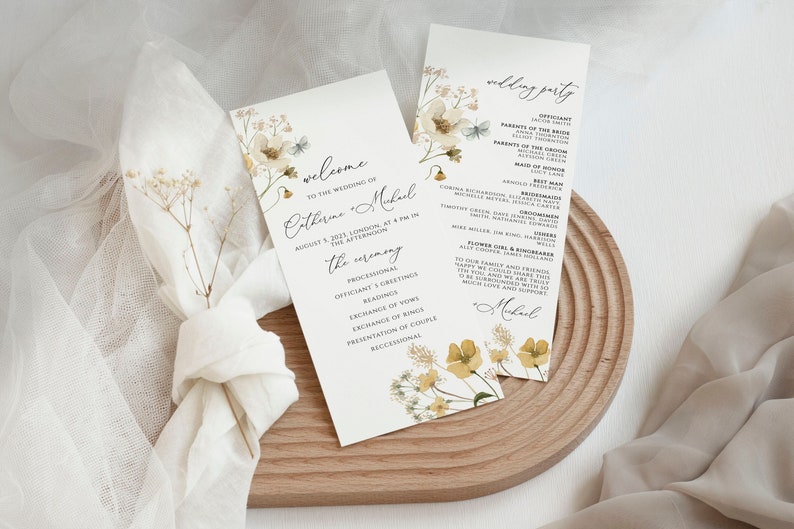 Wildflower Wedding Ceremony Program Card Template 4x9, Wedding Ceremony Fan, Printable Editable ...