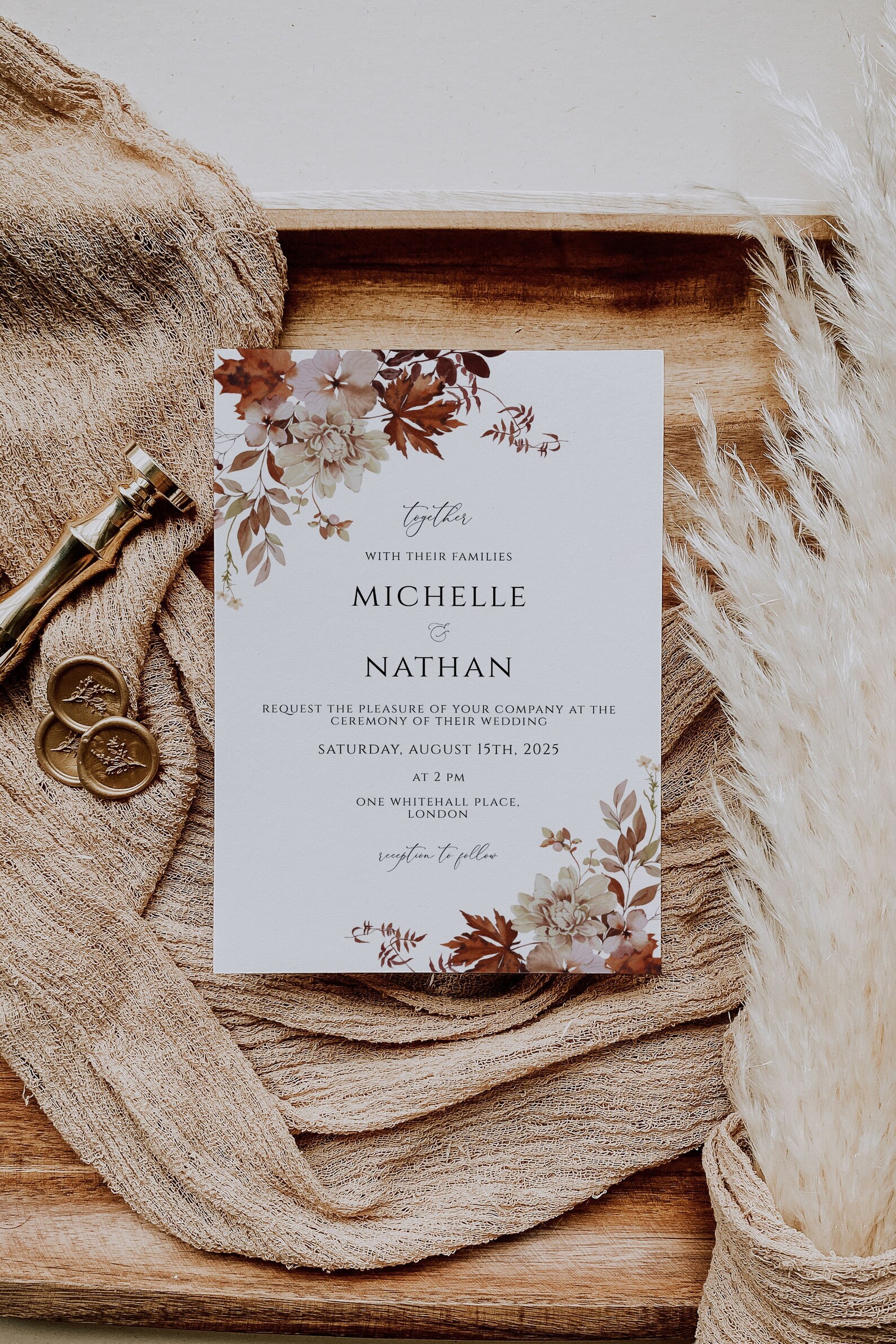 Rustic Fall Wedding Invitation Template Autumn Leaves and - Etsy