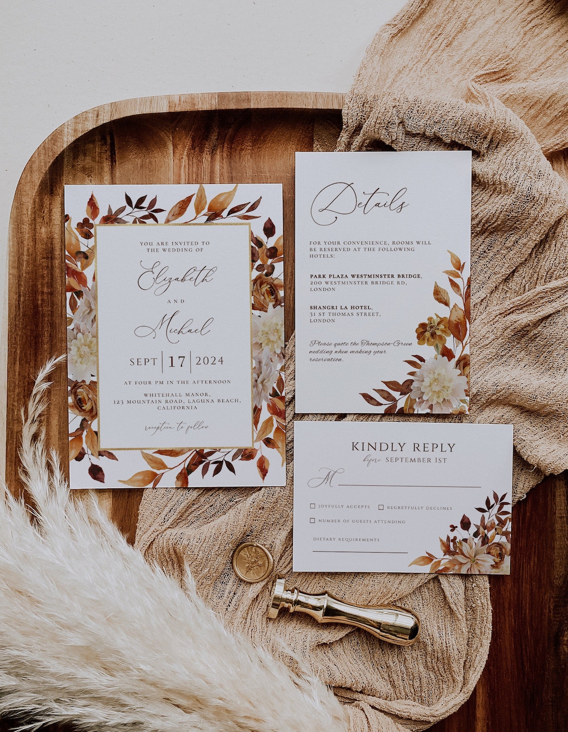 BOHO Fall Wedding Invitation Template Autumn Leaves and - Etsy