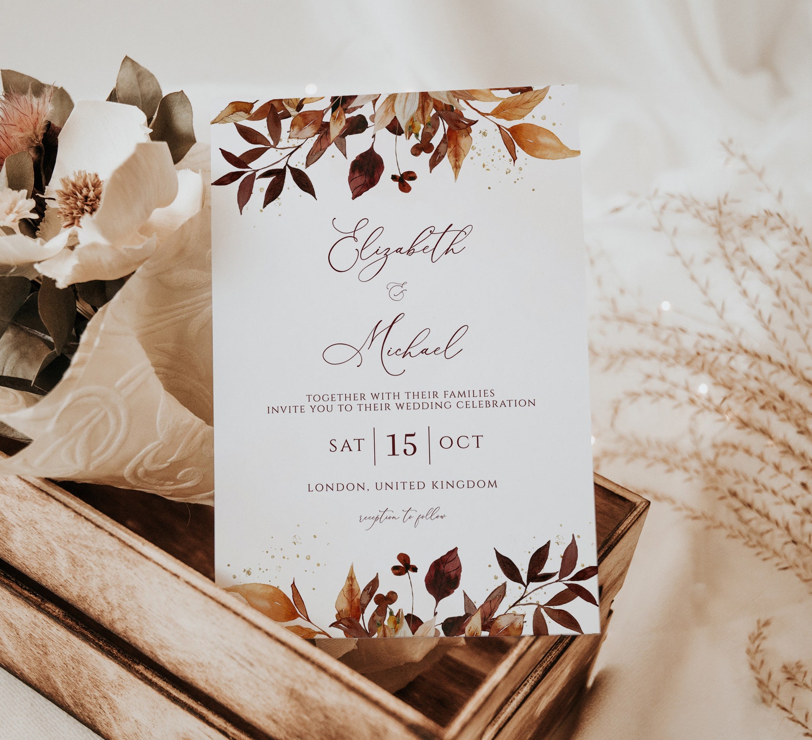 Rustic Fall Wedding Invitation Template Autumn Leaves and - Etsy