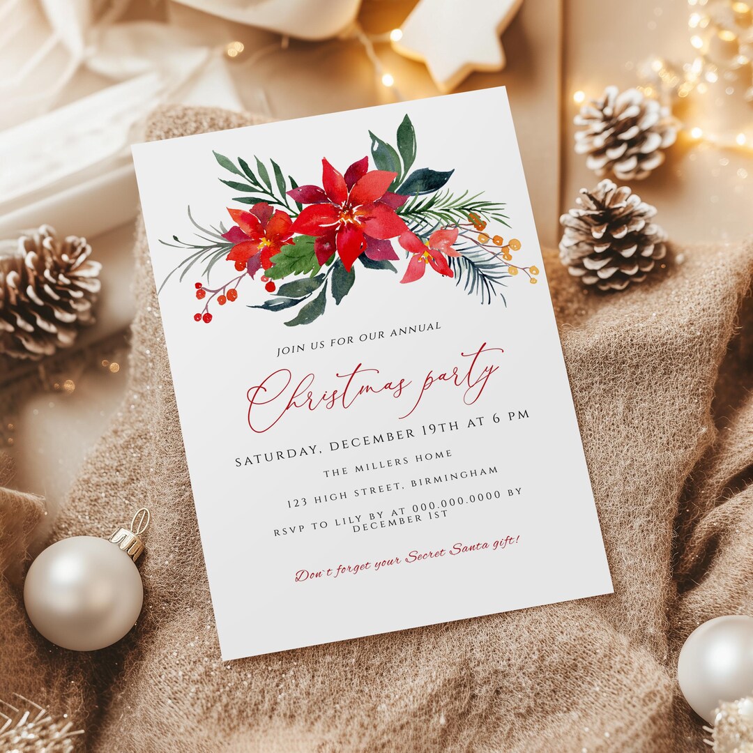 Editable Christmas Party Invitation, Floral Poinsettia (instant ...