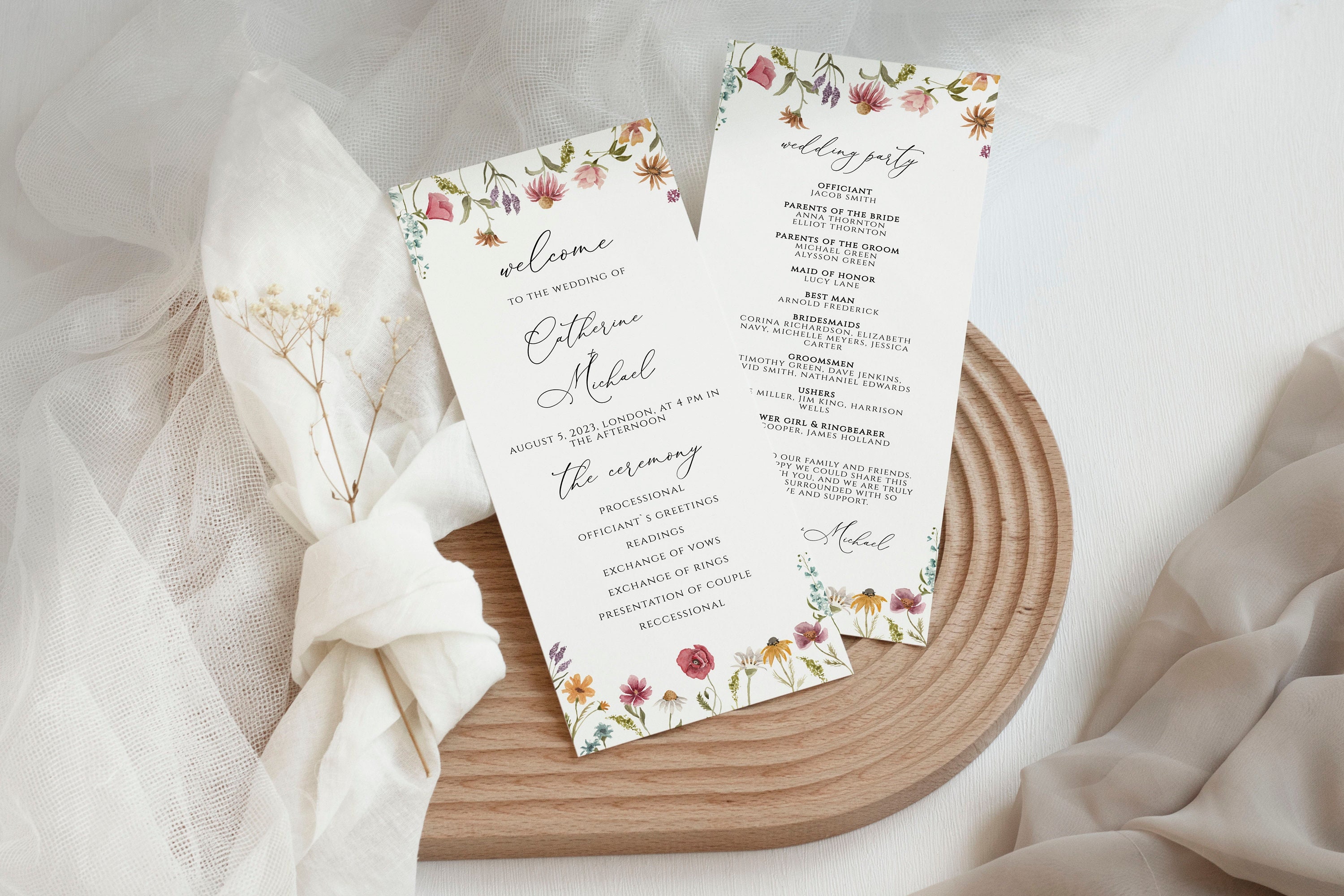 Wildflower Wedding Ceremony Program Card Template 4x9 - Etsy