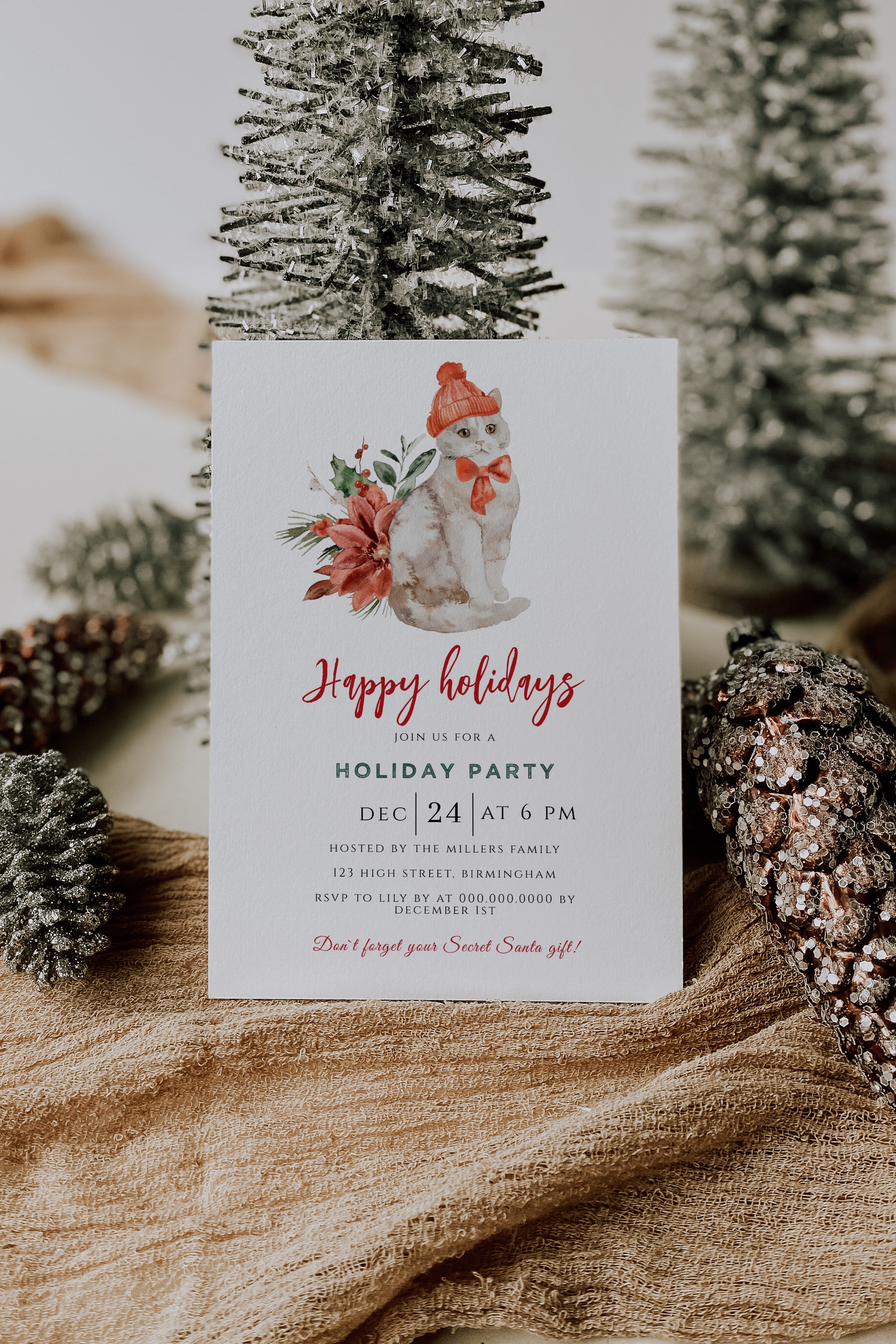 Christmas Invitation Card Template, Editable Holly Christmas Invite ...