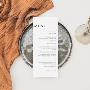 Modern Minimalist Wedding Menu Card Template, Editable Printable Simple ...