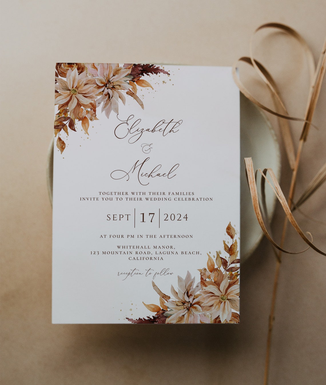 BOHO Fall Wedding Invitation Template Autumn Leaves and | Etsy