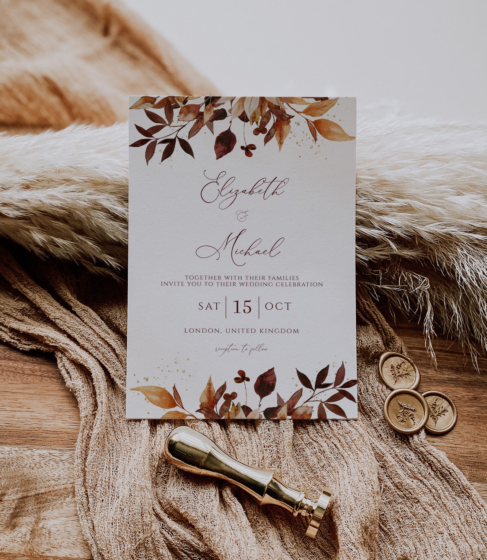 Rustic Fall Wedding Invitation Template Autumn Leaves and - Etsy