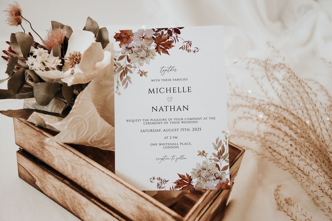 Rustic Fall Wedding Invitation Template Autumn Leaves and - Etsy