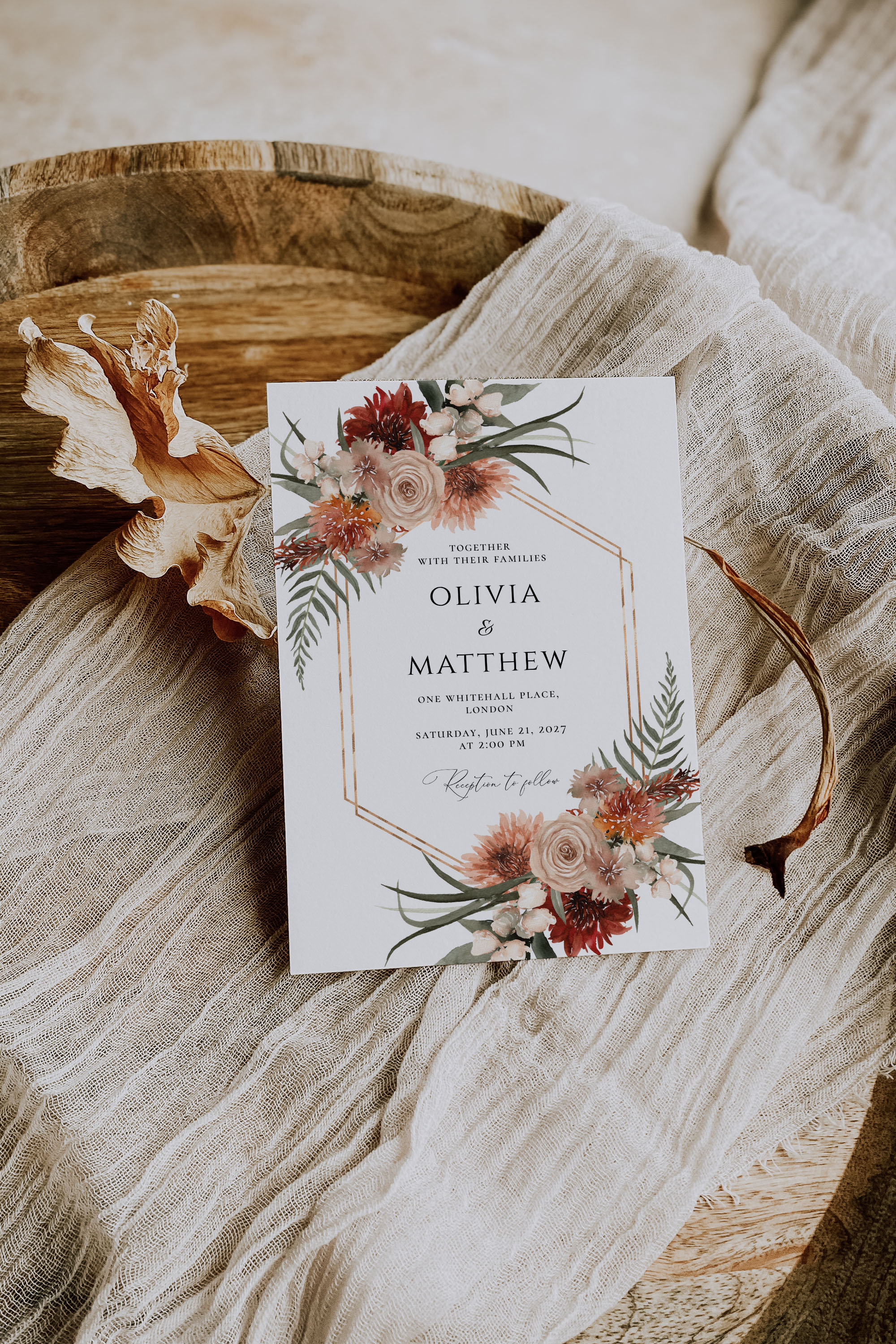 Rustic Terracotta Wedding Invitation Card Template 5x7 - Etsy