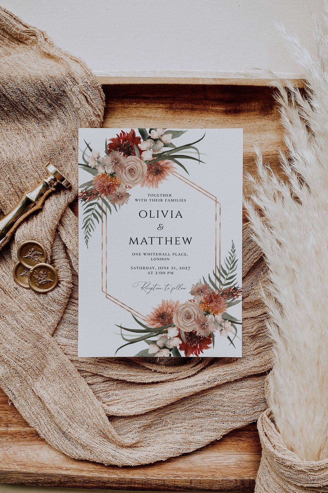 Rustic Terracotta Wedding Invitation Card Template 5x7 - Etsy