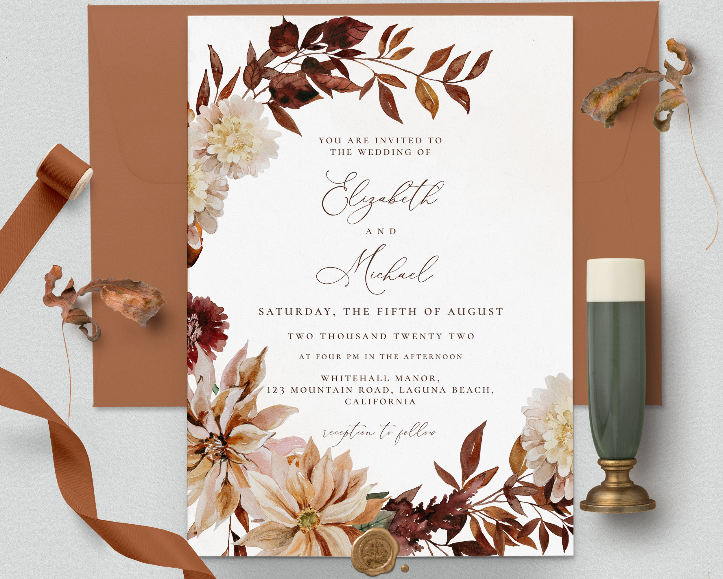 Rustic Fall Wedding Invitation Template Autumn Leaves and - Etsy