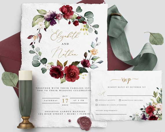 Wedding Invitation Burgundy Template Printable Editable | Etsy