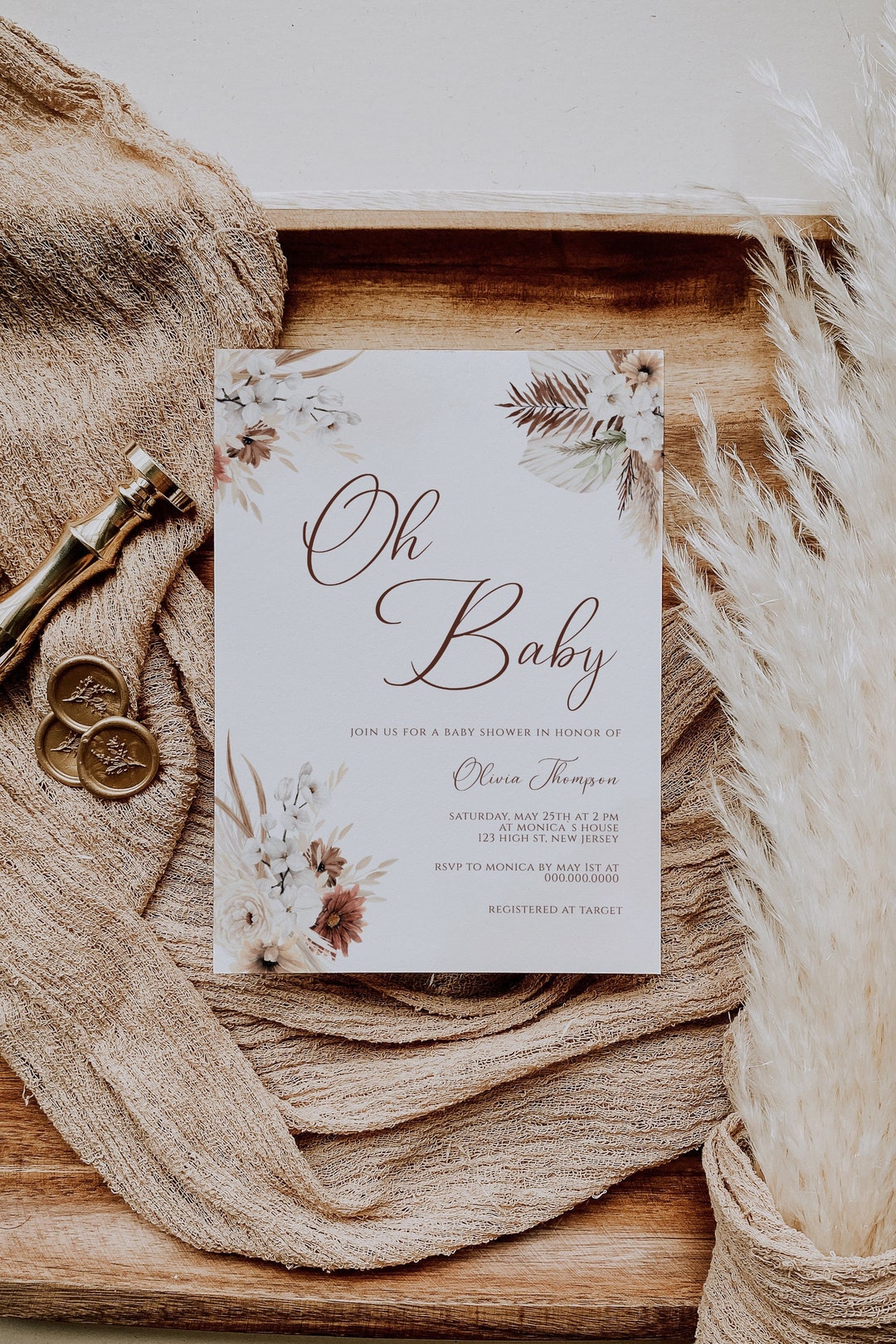 Oh Baby Invitation, Baby Shower Invitation Template, Pampas Grass Baby ...