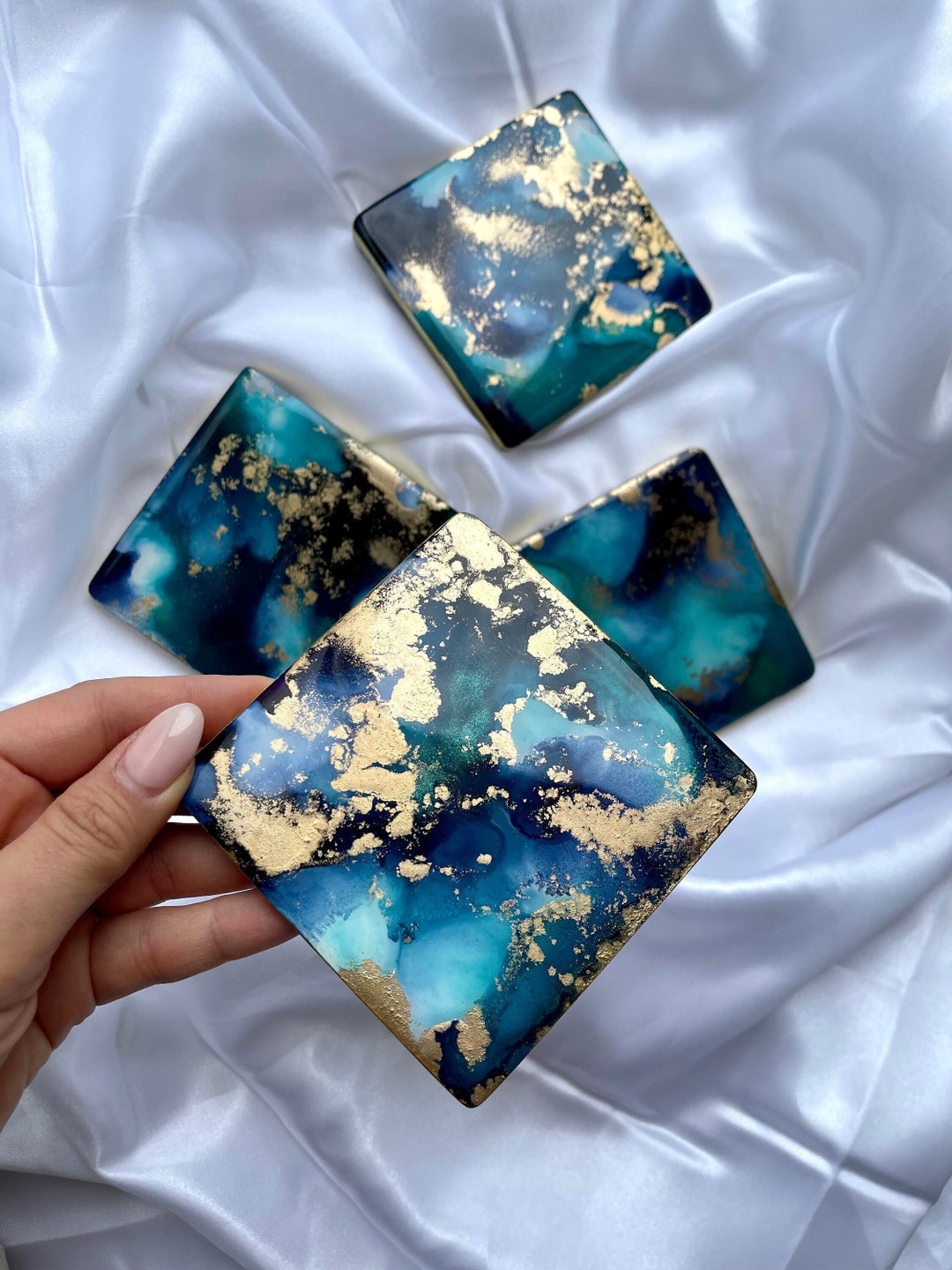 Handcrafted Set of 4 Alcohol Ink Resin Coasters With Abstract Art ...
