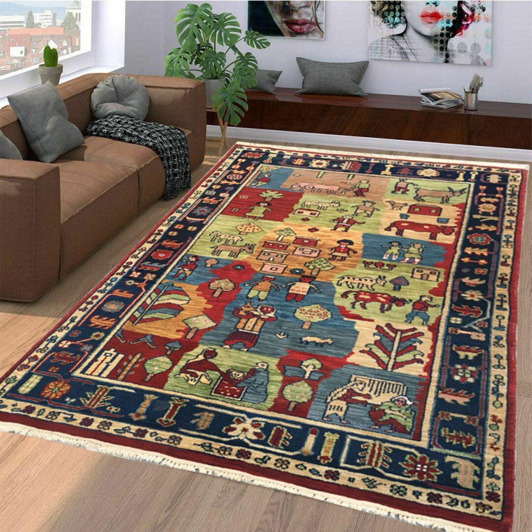 Vintage Afghan Rug, Handmade Rug, Pictorial Rug, Area Rug, Boho Rug ...