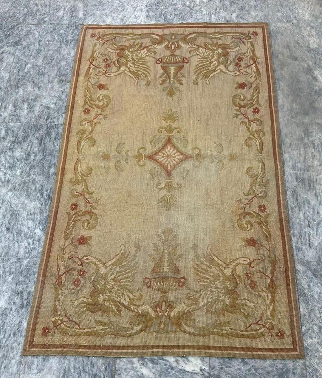 French Aubusson Rug Handmade Rug Faded Rug Oriental Rug Needle Point ...