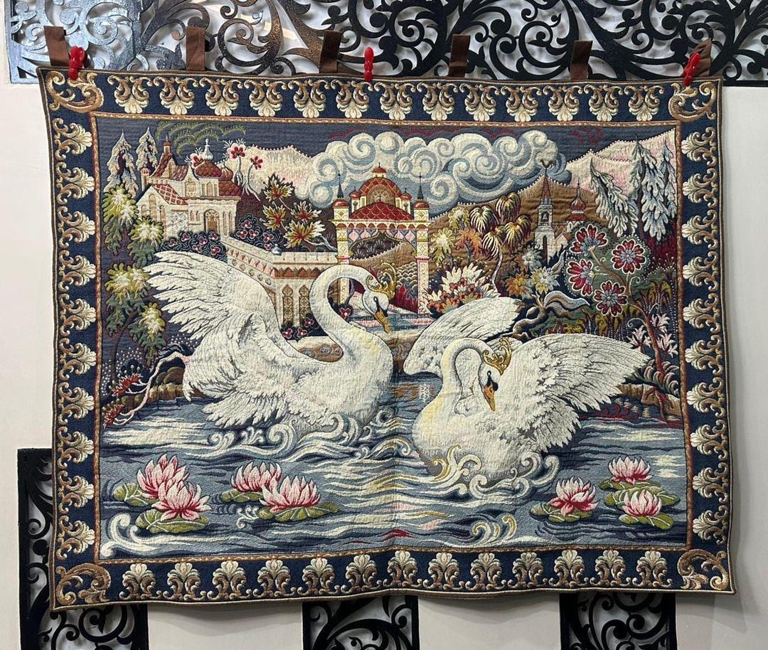 French Vintage Tapestry: Medieval Swan Lake Duck Wall Hanging (118 X 91 ...