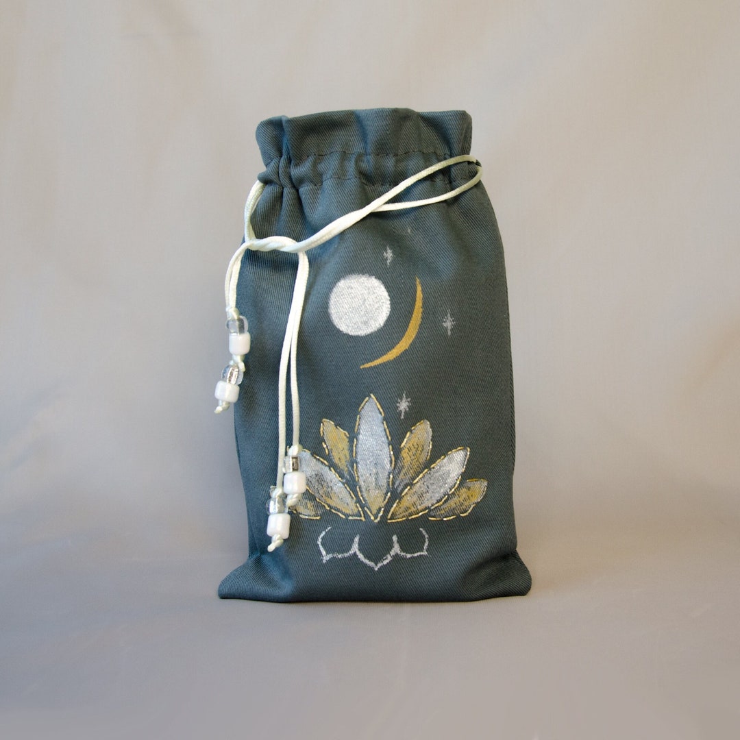 Gray Tarot Pouch With Moon and Lotus Hand Painted and Embroidery Tarot ...