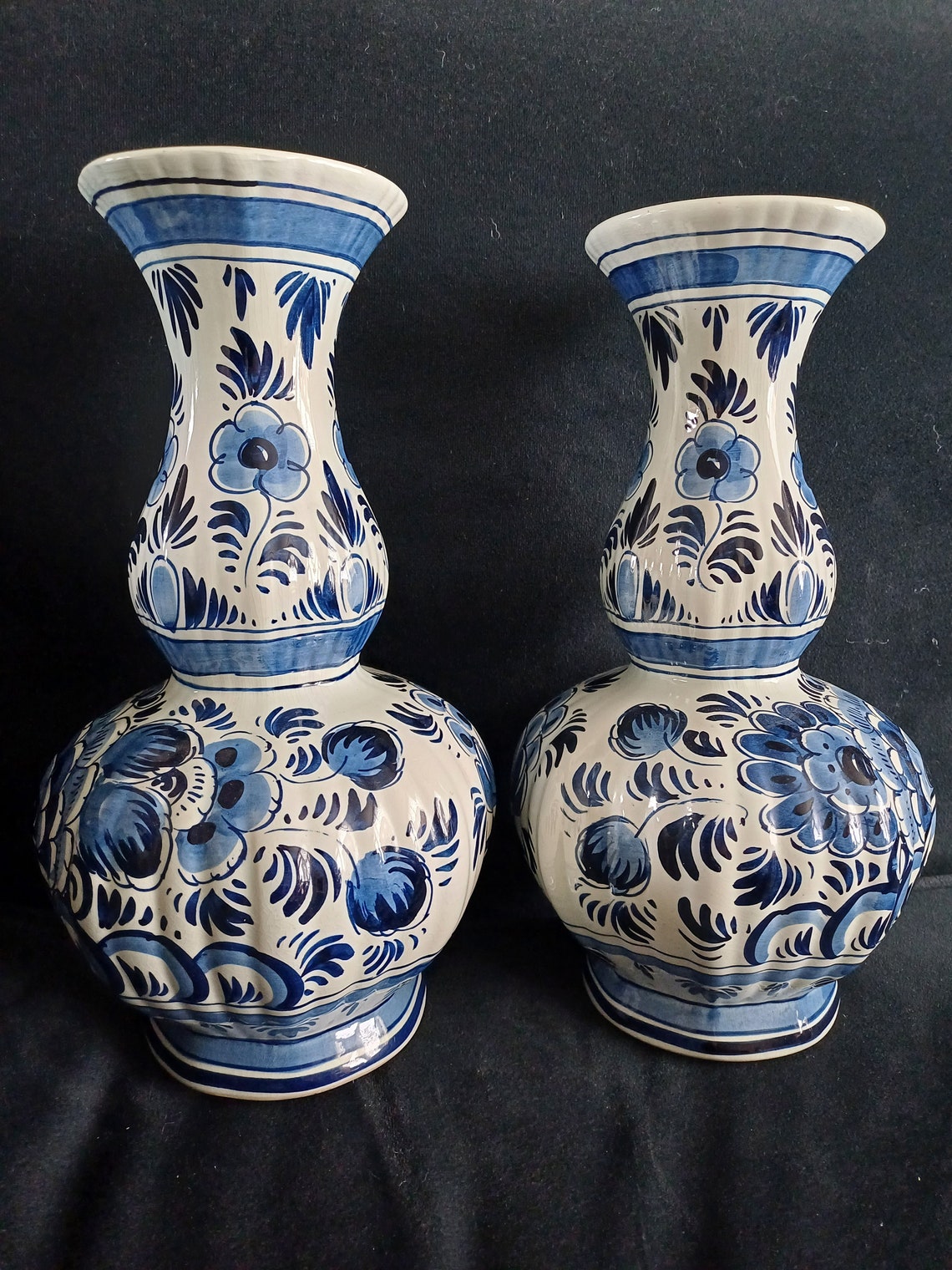 Vintage Dutch Delft Handpainted Bulbous Floral Blue & White Vases [set ...