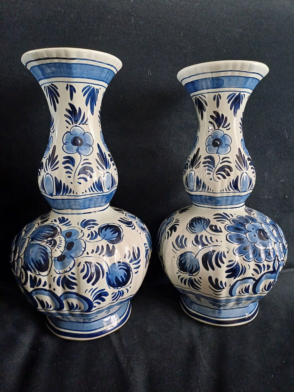 Vintage Dutch Delft Handpainted Bulbous Floral Blue & White Vases [set ...