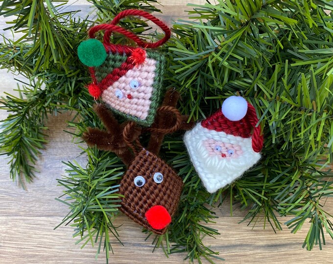 Three Pack Squeeze Cheek Christmas Ornament Kissy Face Ornament Reindeer Santa Claus Elf