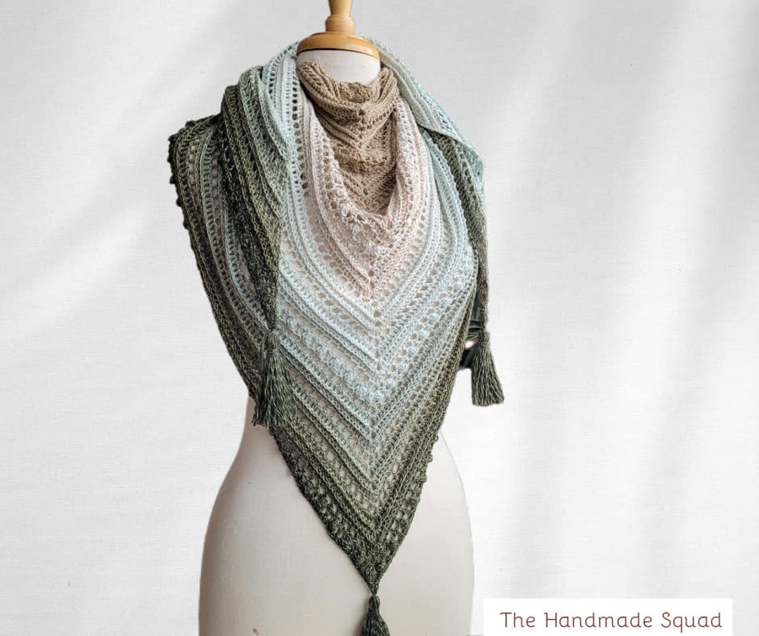 Modern Crochet Triangle Scarf, Ombre Green Cream Cotton Lightweight ...
