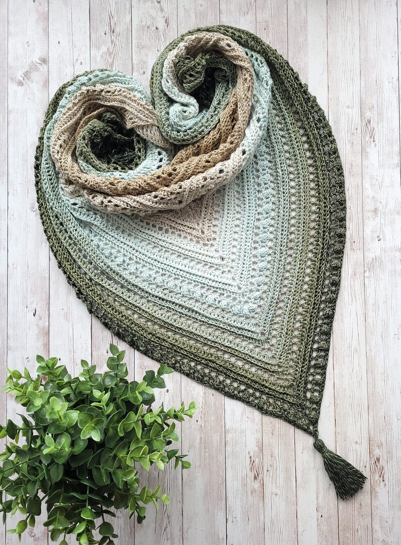 Modern Crochet Triangle Scarf, Ombre Green Cream Cotton Lightweight ...