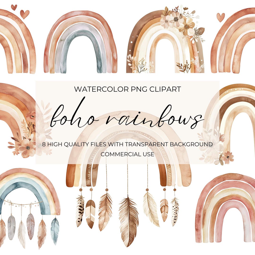 Boho Rainbow Watercolor Clipart Bundle, Nursery Png, Scandinavian, Cute ...