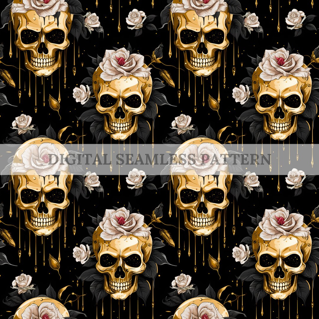 Skull Seamless Pattern, Skull Digital Paper, Dripping Skull and Roses ...