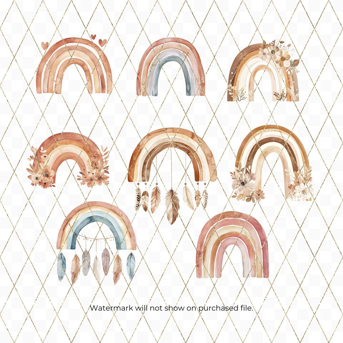 Boho Rainbow Watercolor Clipart Bundle, Nursery Png, Scandinavian, Cute ...