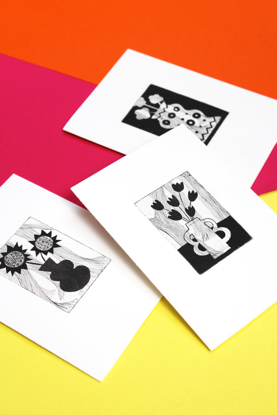 Pack of Three Copperplate Engraving Cards to Send or Hang, Bouquet of ...