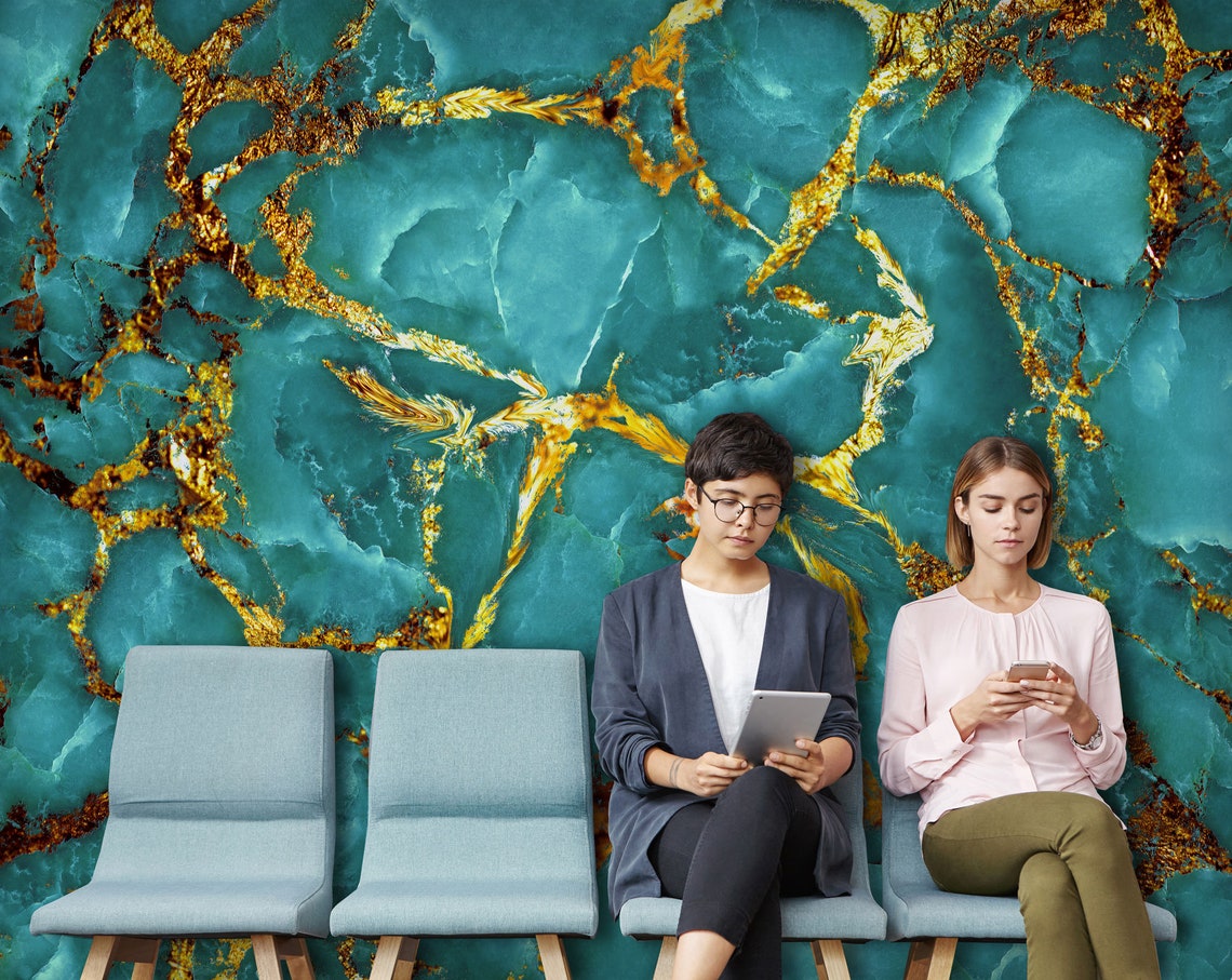 Matte Teal Crystal Stone Wallpaper With Gold Cracks self - Etsy