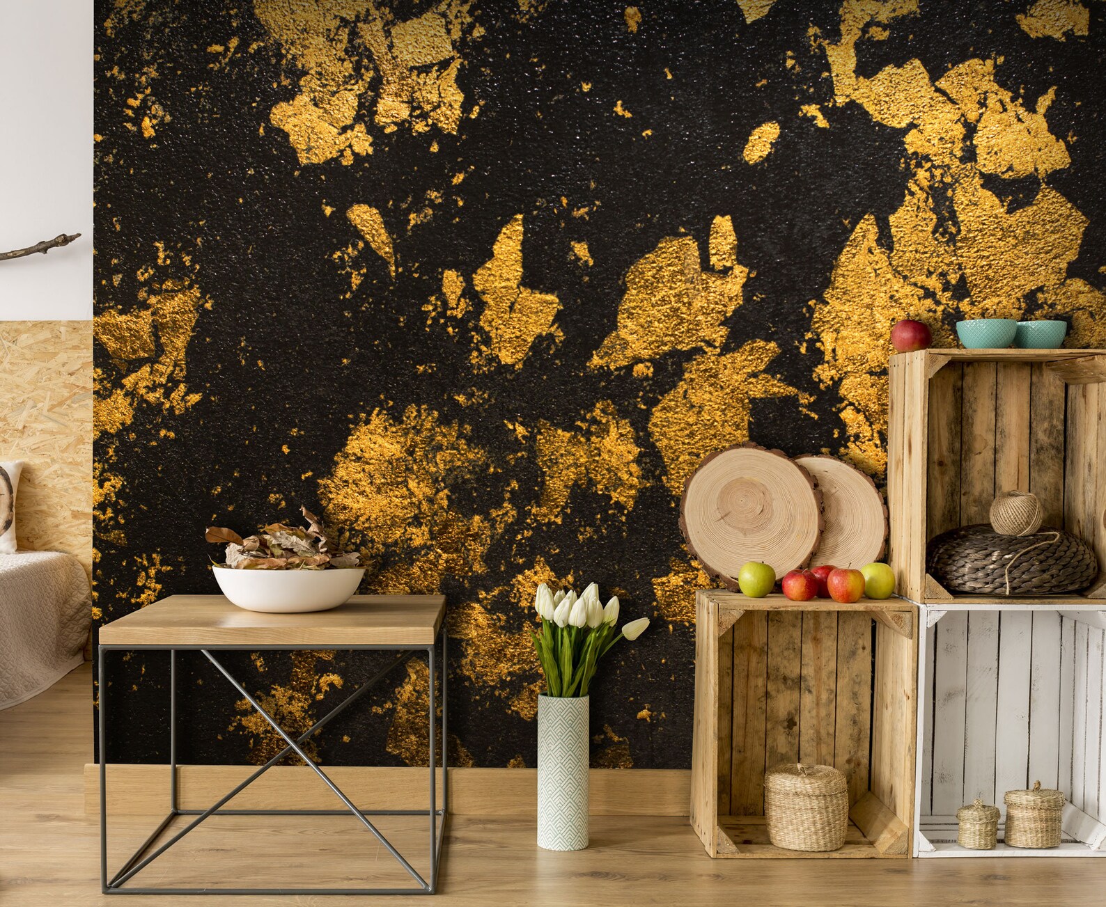 Black and Gold Matte Concrete Surface Wallpaper, Dark Stone Mural self ...