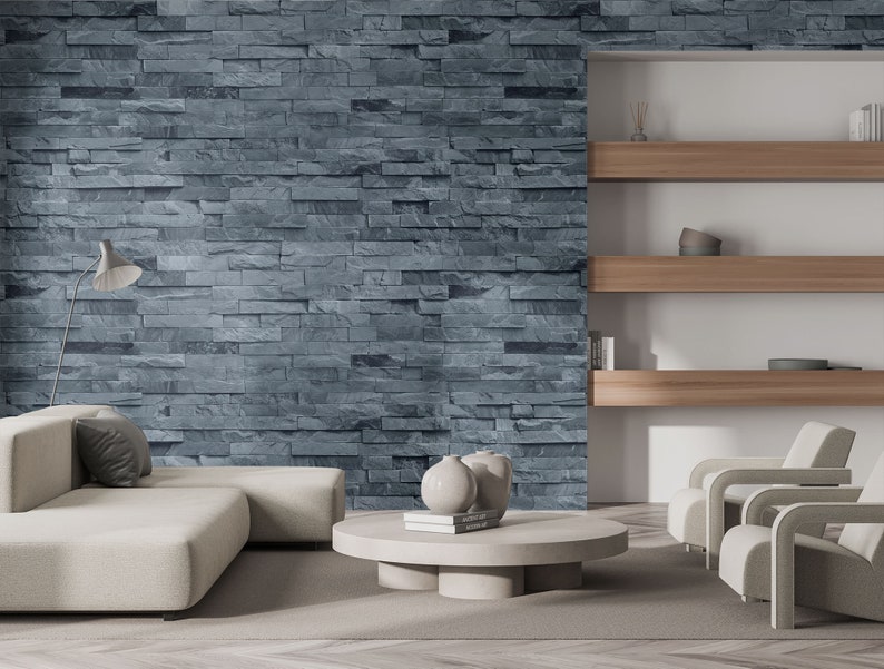 Blue Gray Brick Wall Stone Tile Pattern Wallpaper peel and - Etsy