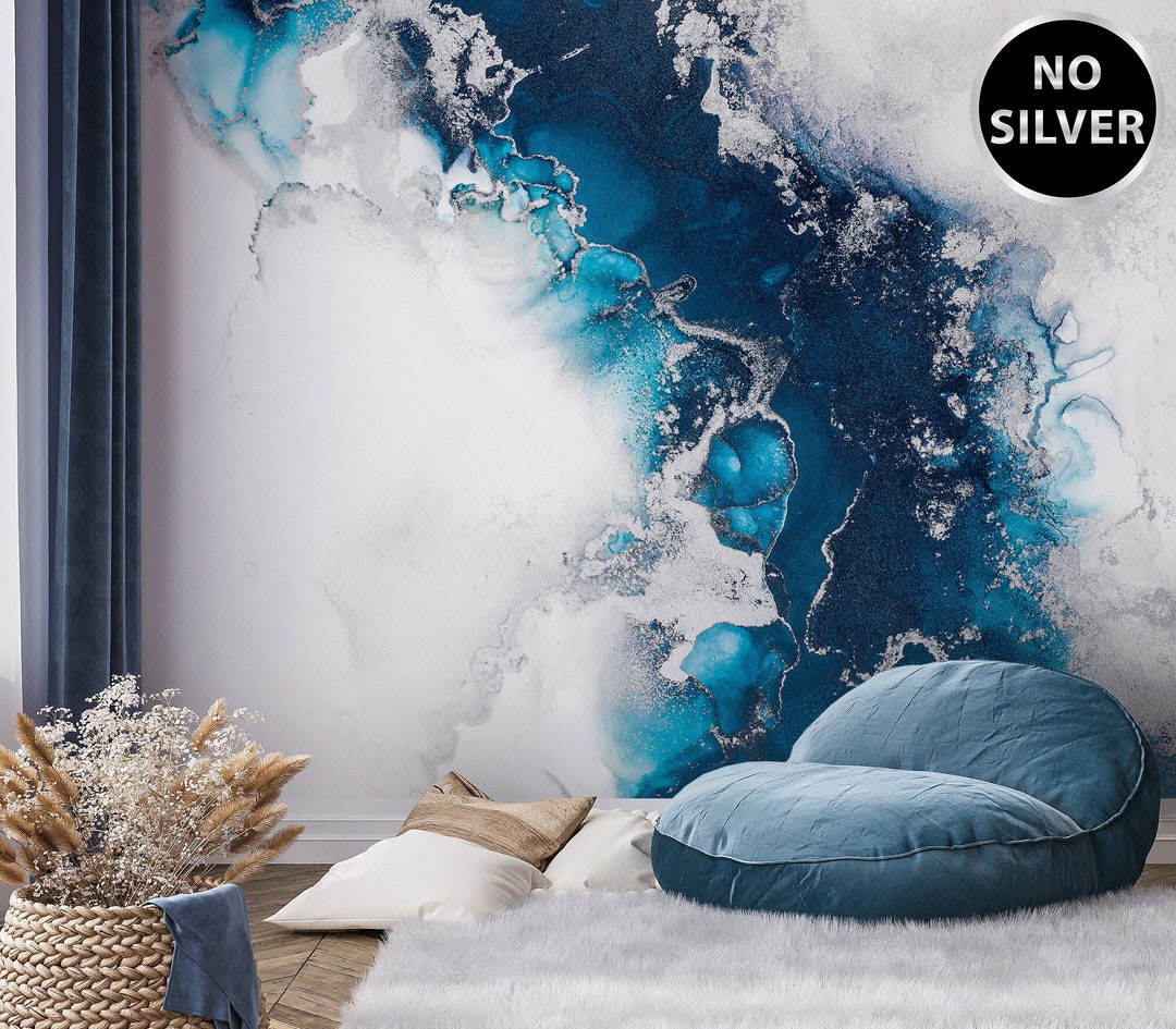 Blue and White Marble Wallpaper, Abstract Wall Mural, Watercolor ...