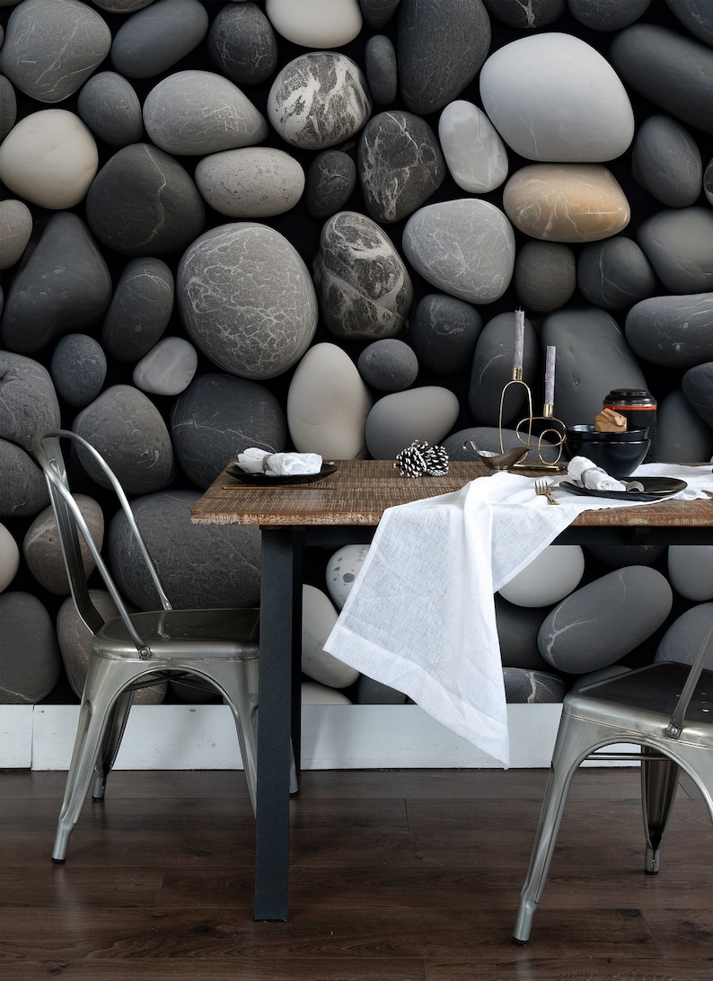 River Rocks Wallpaper, Black, White and Gray, Stone Wall Mural peel and ...