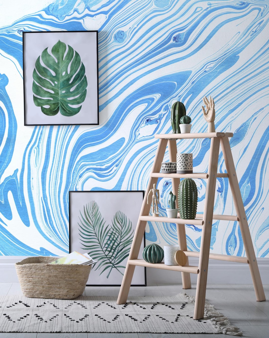 Acrylic Art Wallpaper, Blue & White Marbled Wall Mural, Home Decor ...