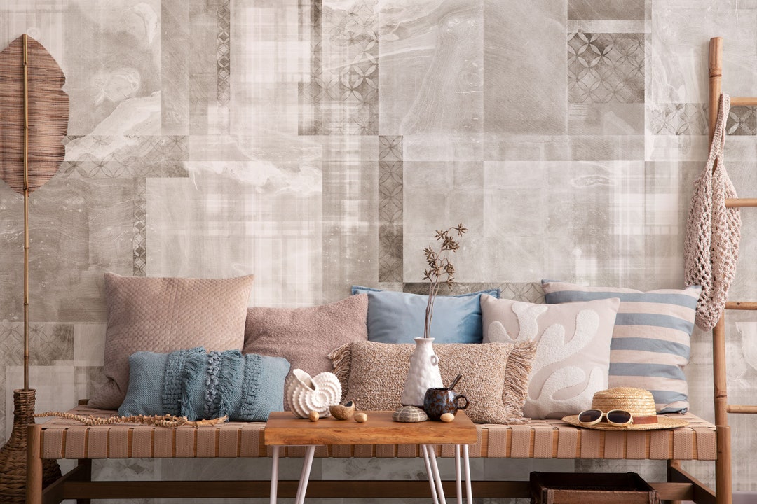 Patterned Beige Tile Wallpaper, Abstract Marble Stone Pattern [peel and ...