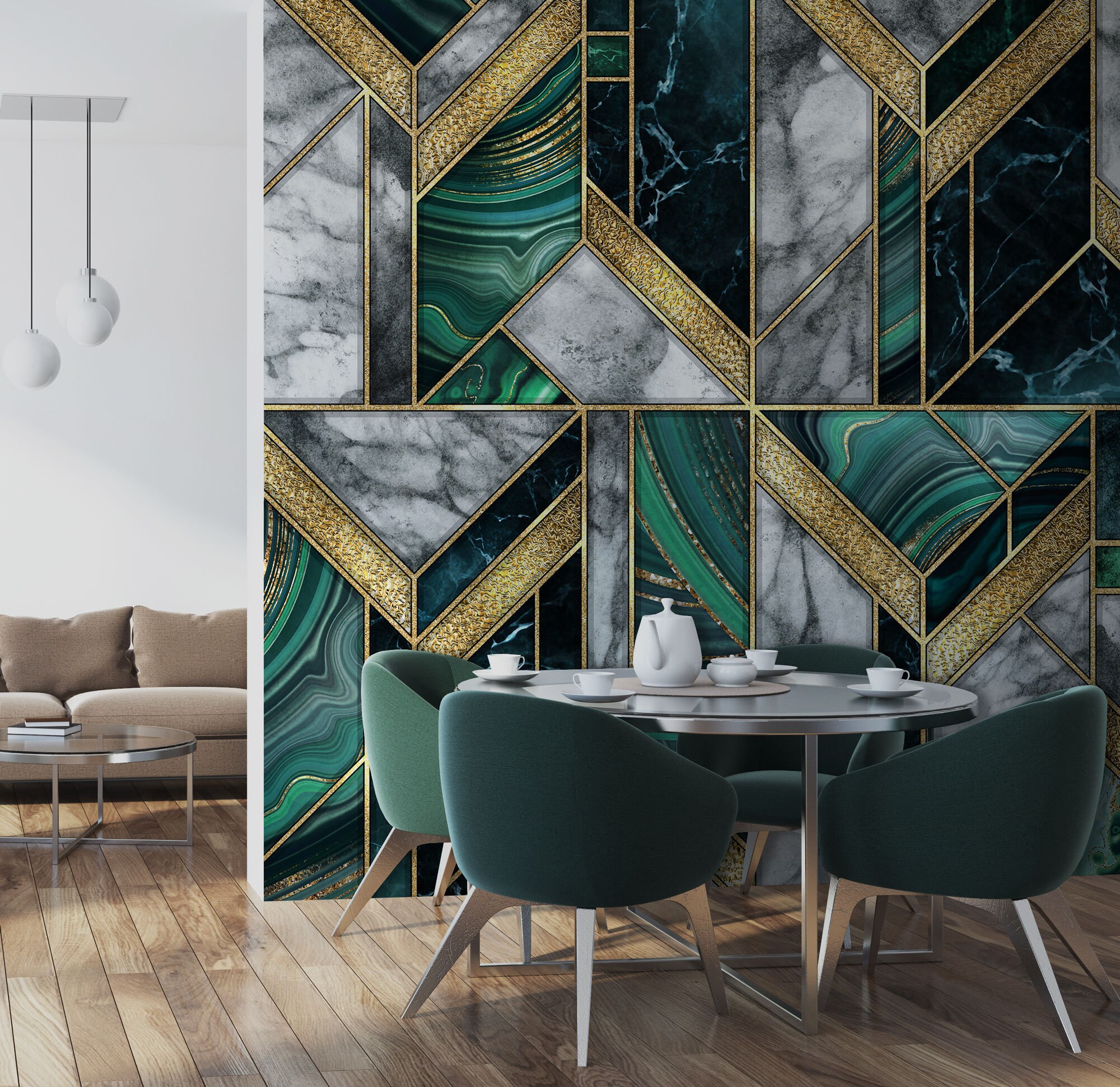 Emerald Green and Gold Matte Marble Stone Wallpaper, Abstract Stone ...