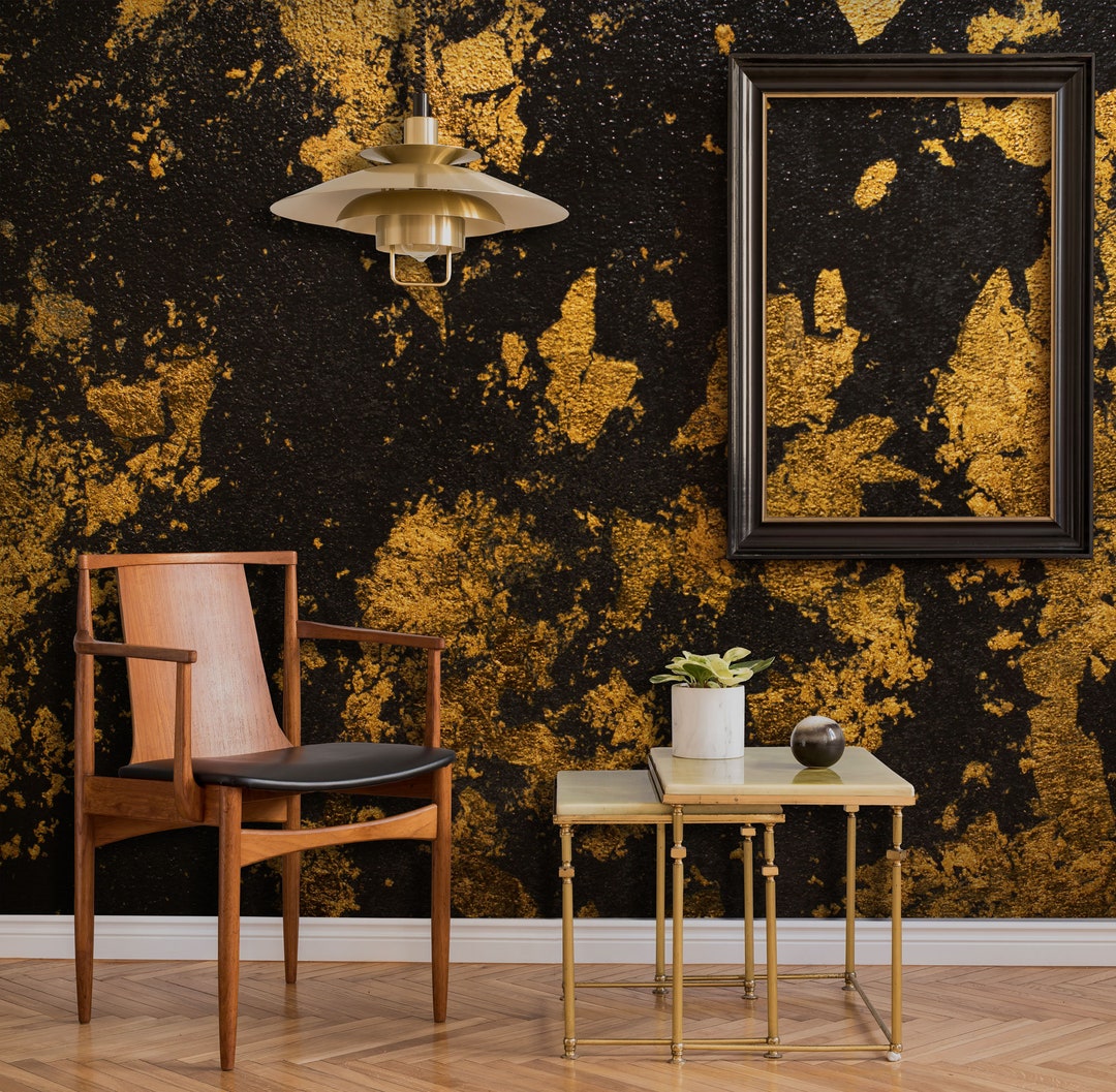 Black and Gold Matte Concrete Surface Wallpaper, Dark Stone Mural [self ...