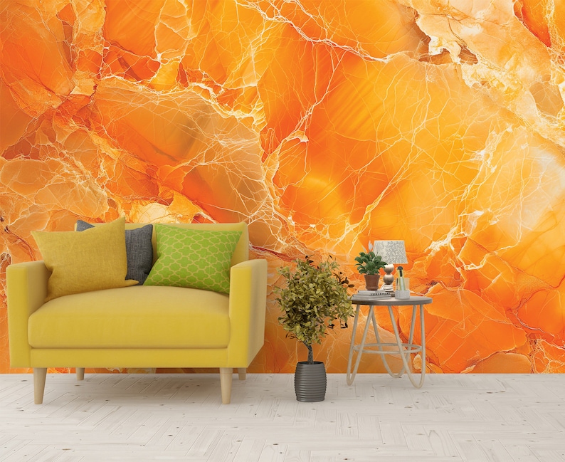 Orange Marble Wallpaper, Orange Stone, Abstract Wall Mural [peel and ...