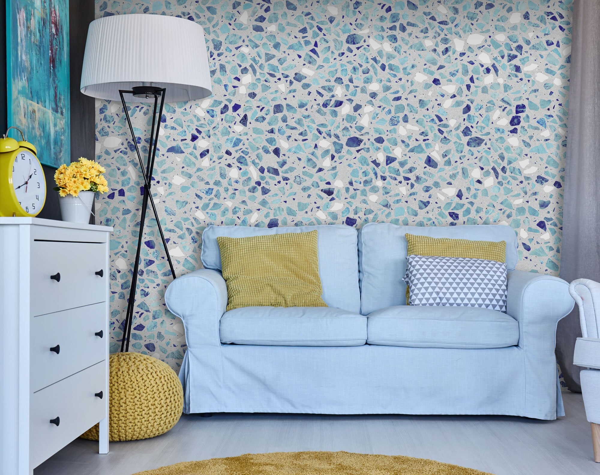 Blue and Gray Terrazzo Pattern Wallpaper, Stone Surface Mural [self ...