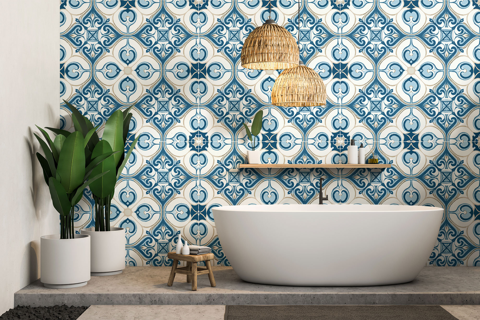 Big Blue Portuguese Tiles Wallpaper, Retro Azulejo Mosaic Tile peel and ...