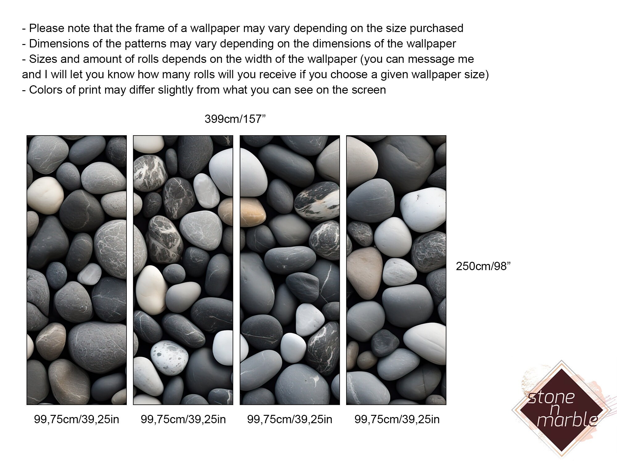 River Rocks Wallpaper, Black, White and Gray, Stone Wall Mural peel and ...