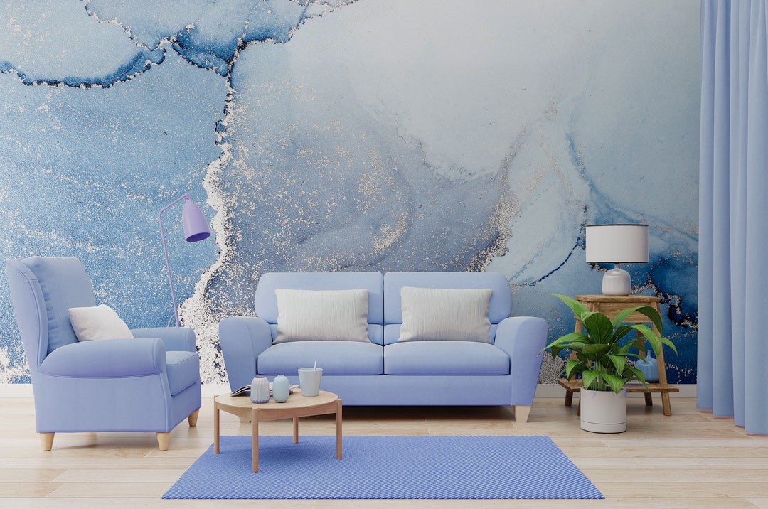 Blue and Silver Abstract Wallpaper, Marble Wall Mural [peel and Stick ...