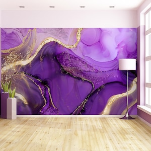 Luxury Marble Purple and Matte Gold Wallpaper, Wall Mural [peel and ...