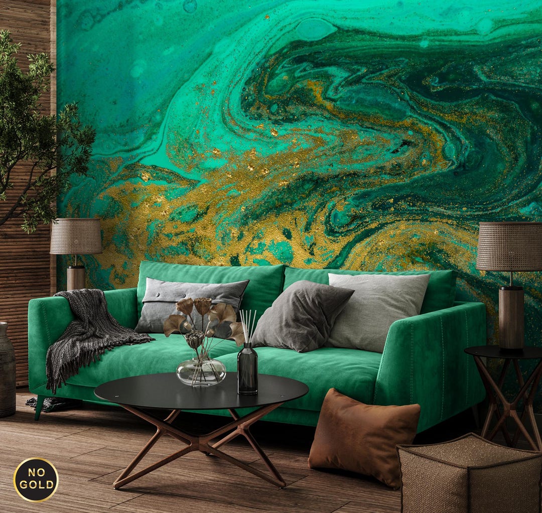 Emerald Green & Yellow Wallpaper, Abstract Wall Mural, Home Decor, Wall ...